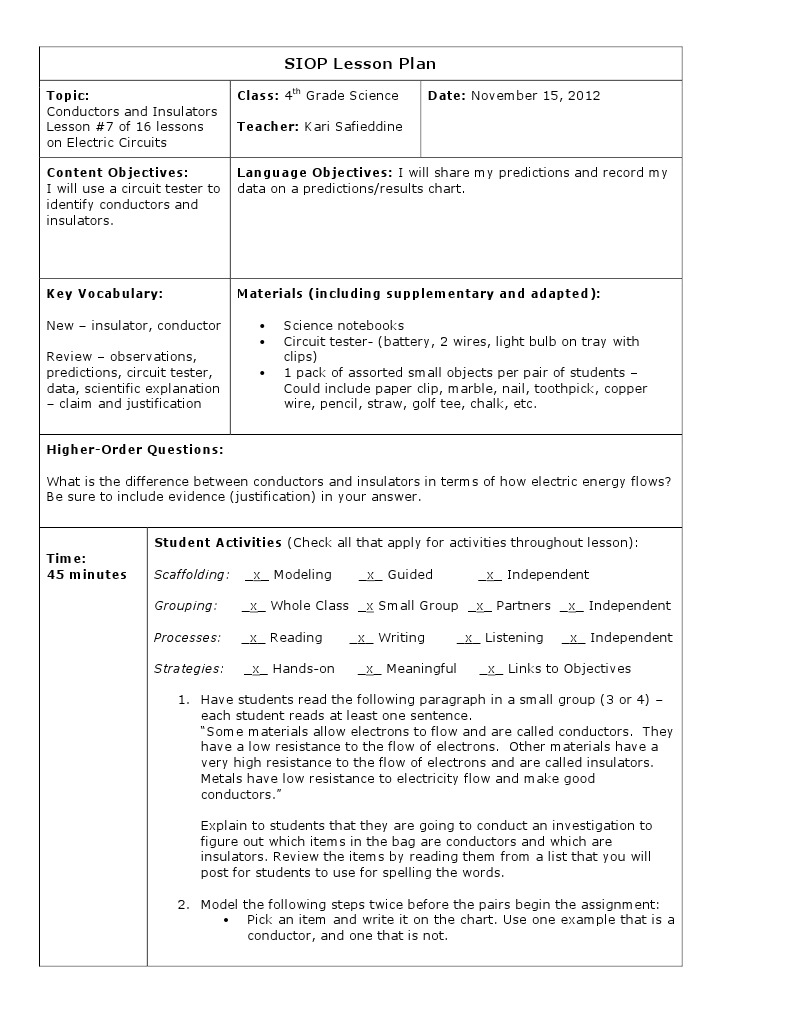 Siop Science Lesson Plan | PDF | Electrical Conductor | Lesson Plan