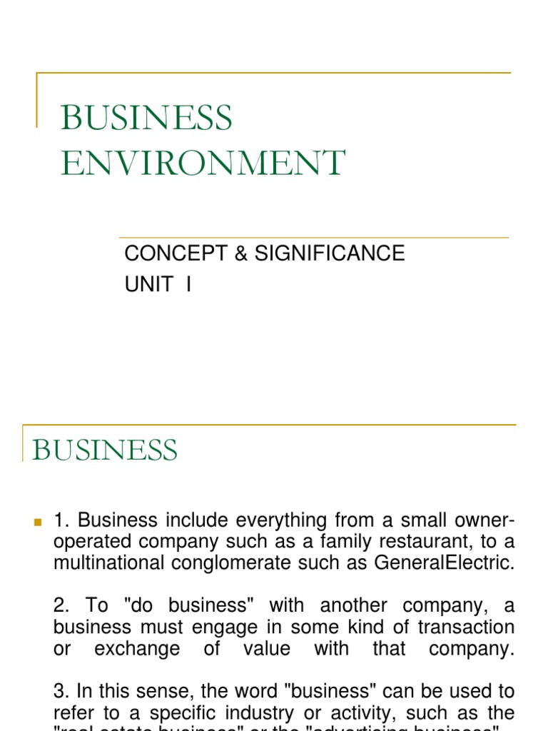 Business Environment: Concept & Significance Unit I | PDF | Sales ...