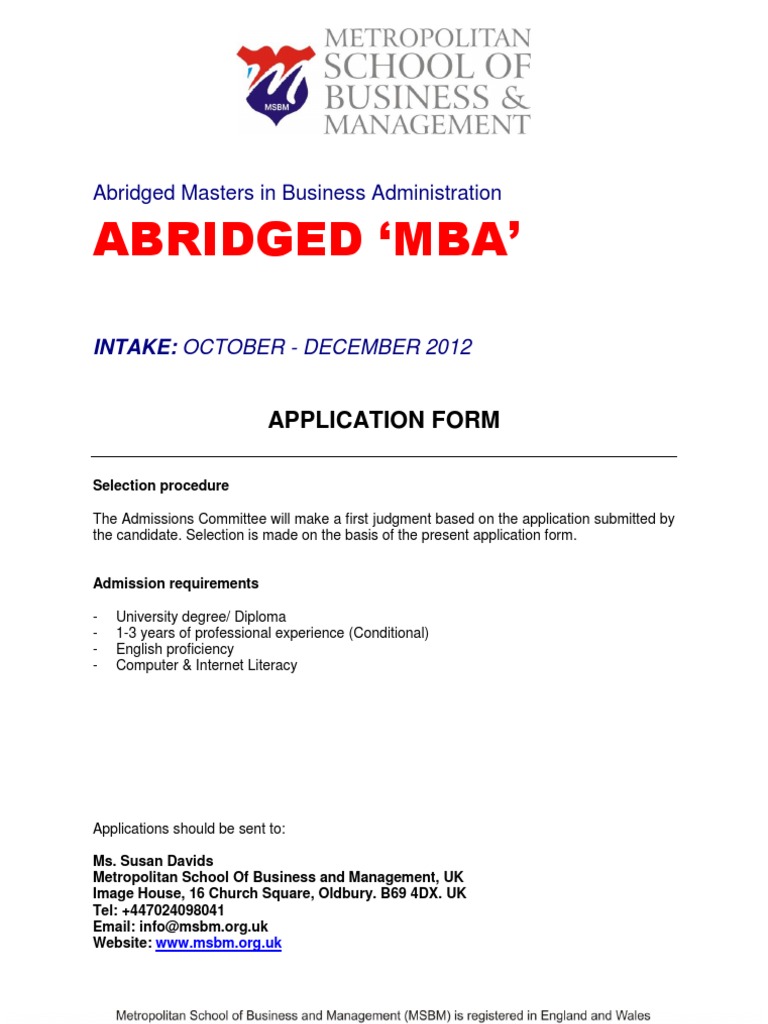 Abridged MBA Form | PDF | Master Of Business Administration | Academic ...