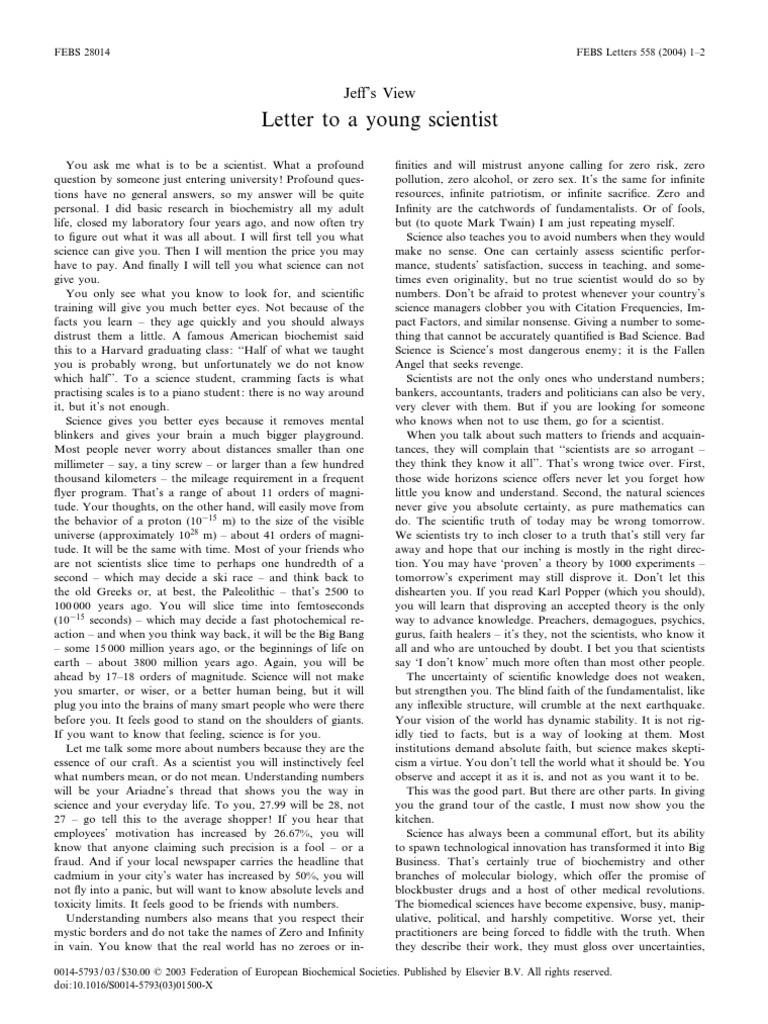 Letter To A Young Scientist | PDF | Experiment | Science