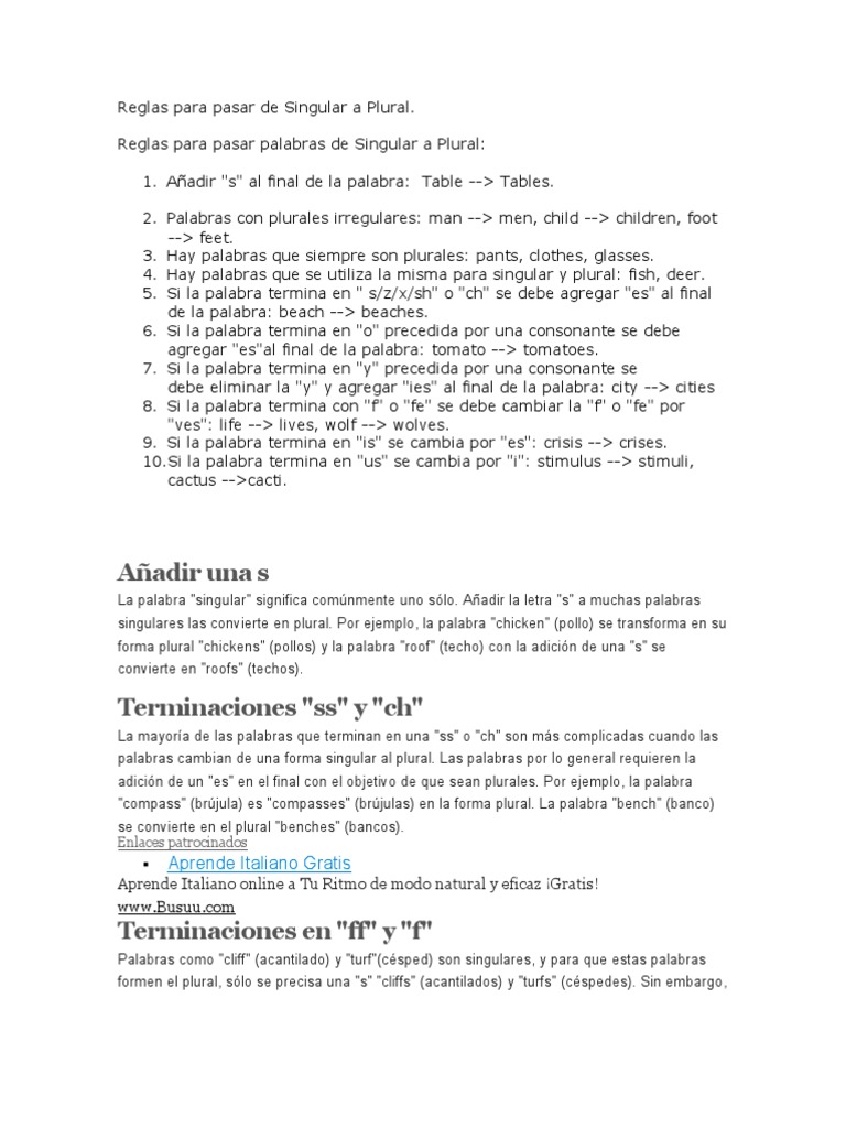 Reglas para Pasar de Singular A Plural | PDF | Plural | Sustantivo