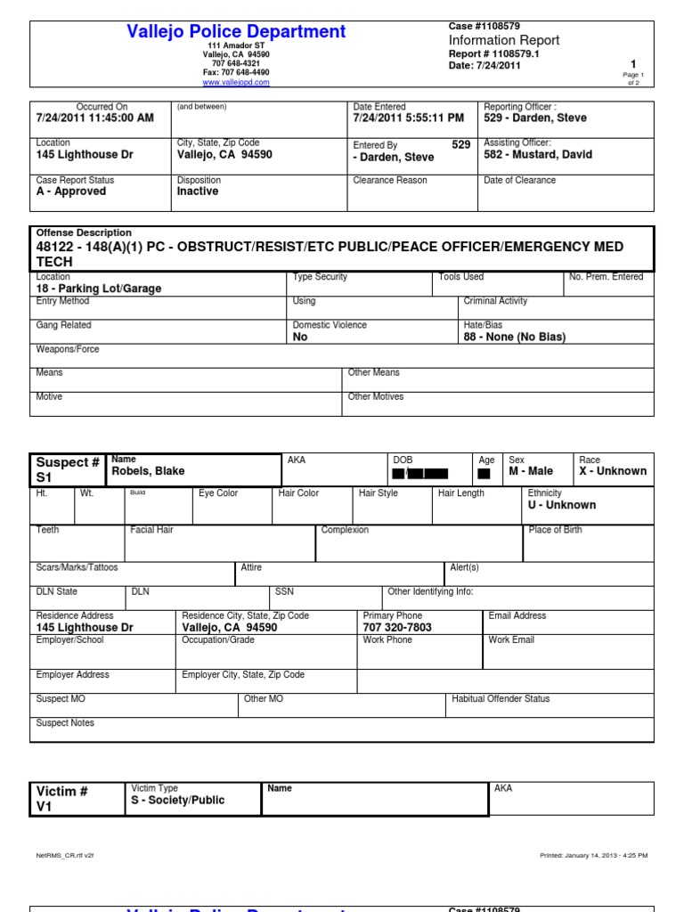 Vallejo Officer Steve Darden's Police Report On Assault of Blake Robles ...