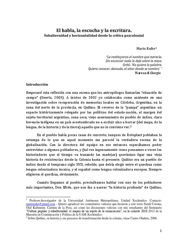 Mario Rufer. El Habla, La Escucha y La Escritura. | PDF | Ideologías ...