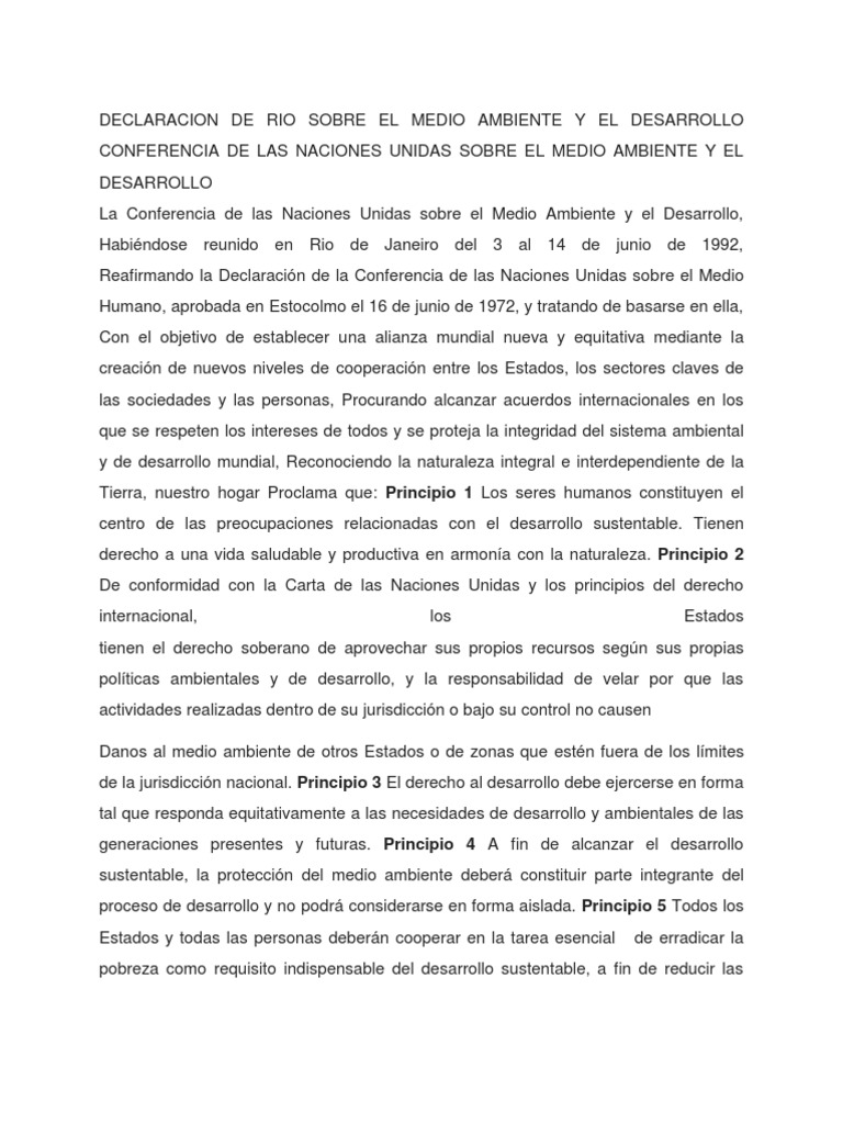 Declaracion de Rio Sobre El Medio Ambiente y El Desarrollo Conferencia ...