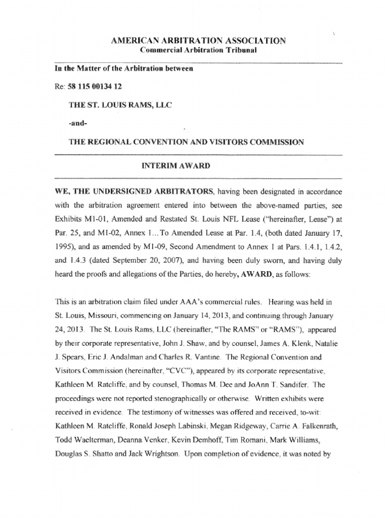 St. Louis Rams - St. Louis Convention and Visitors Commission Full Arbitration Report | PDF