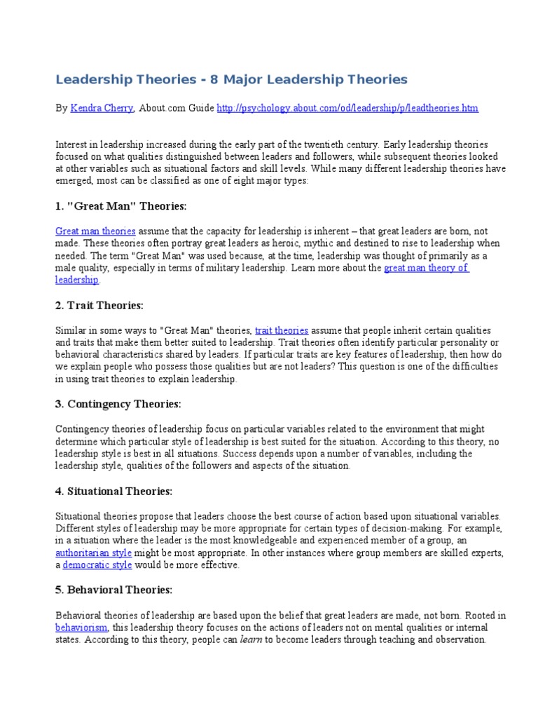 Leadership Theories - 8 Major Leadership Theories | PDF | Leadership ...