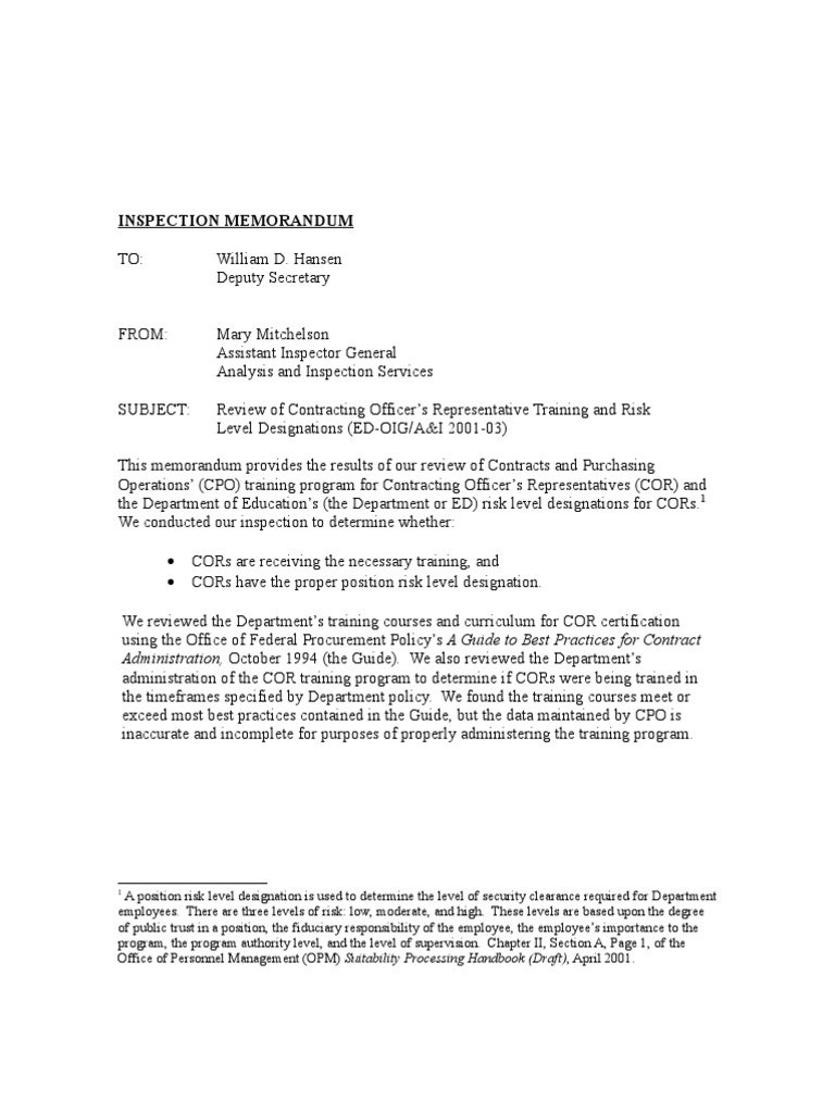 Inspection Memorandum: Administration, October 1994 (The Guide) - We ...