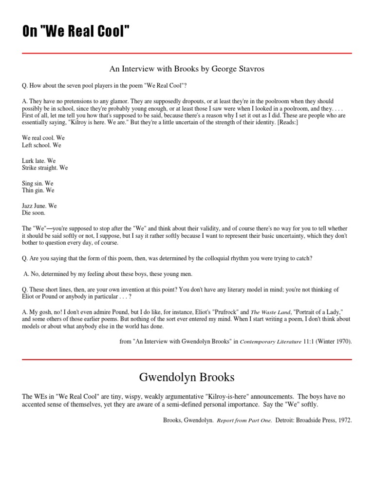 "We Real Cool" Analysis & Qs | PDF | Poetry