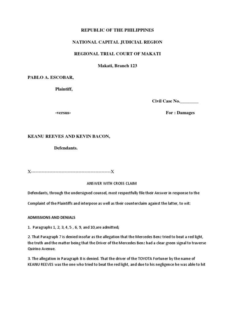 Answer With Cross Claim - Copy | Lawsuit | Government | Free 30-day ...