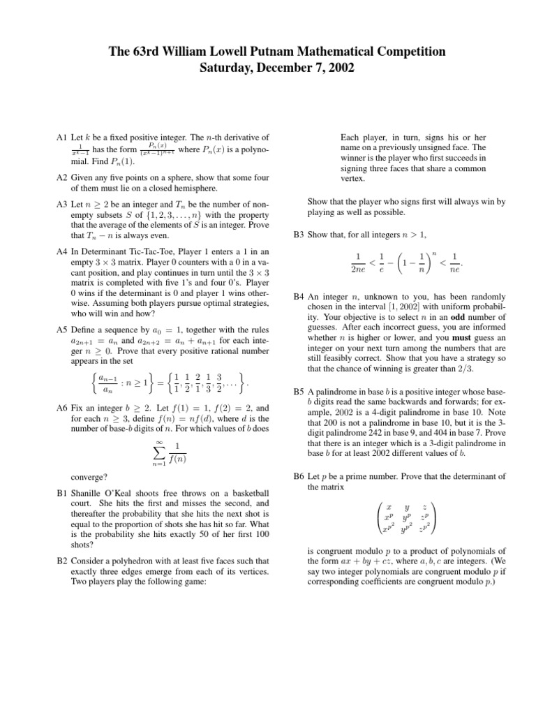 William Lowell Putnam Challenge 2002 | PDF | Determinant | Integer