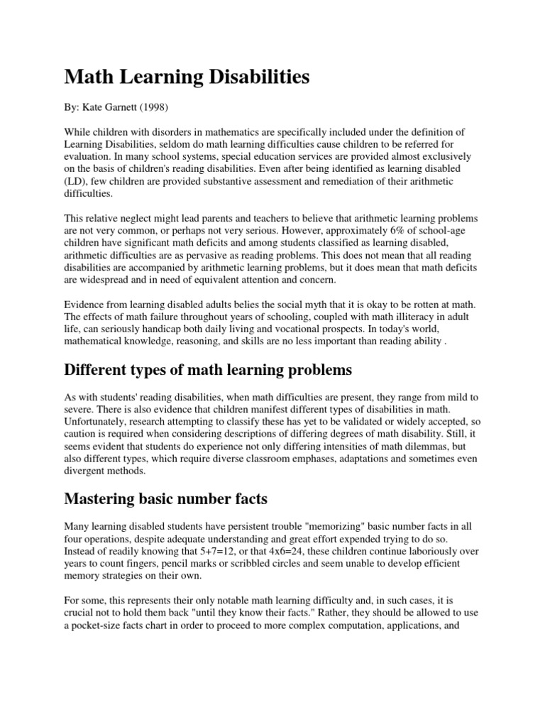 Math Learning Disabilities | PDF | Learning Disability | Teaching ...