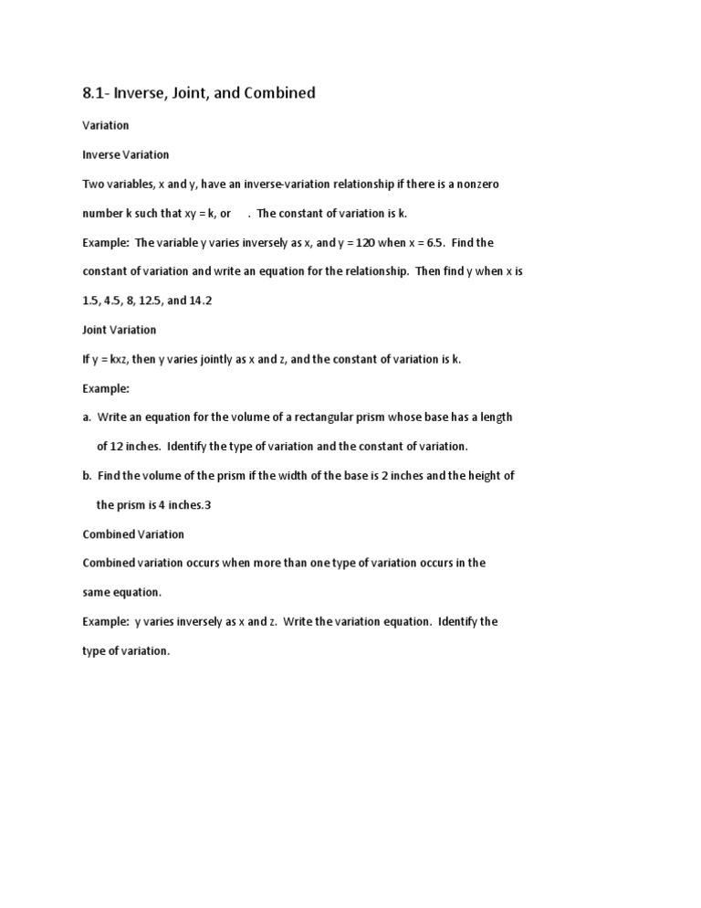 Inverse, Joint, and Combined Variation | PDF | Teaching Methods & Materials