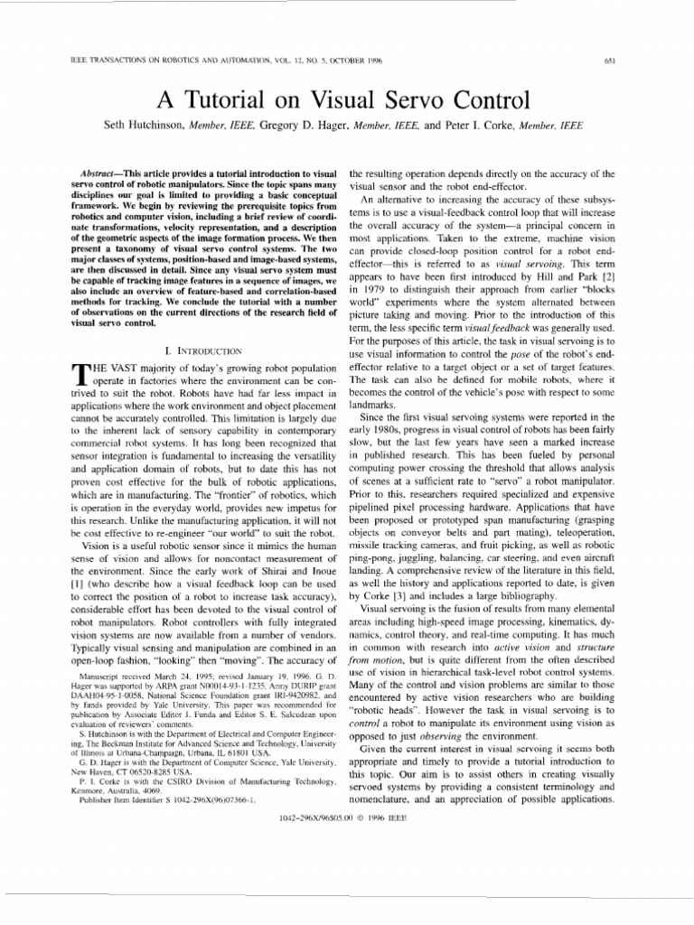 Visual Servoing IEEE Paper | PDF | Control Theory | Computer Vision