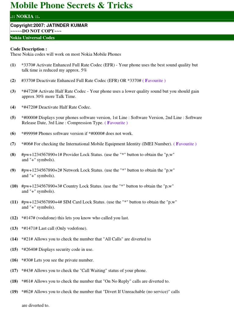 NOKIA::.: These Nokia Codes Will Work On Most Nokia Mobile Phones | PDF ...