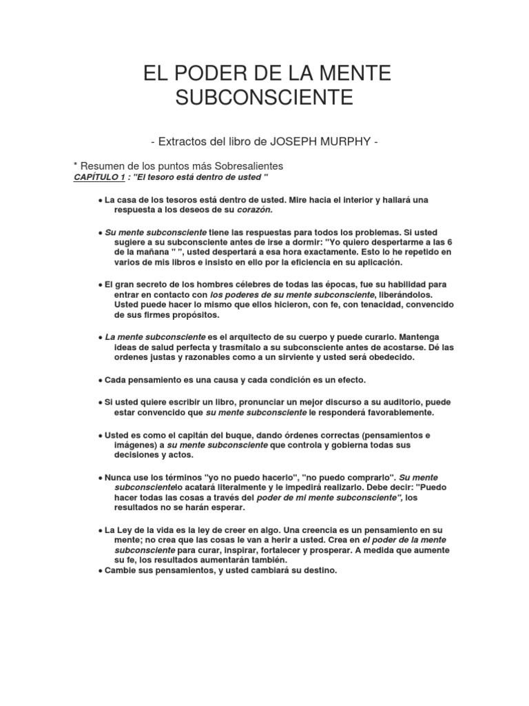 El Poder de La Mente Subconsciente. Joseph Murphy. Extracto | PDF | Mente | Felicidad