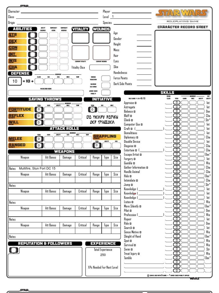 Editable Character Sheet - Star Wars D20 Roleplaying Game Revised ...
