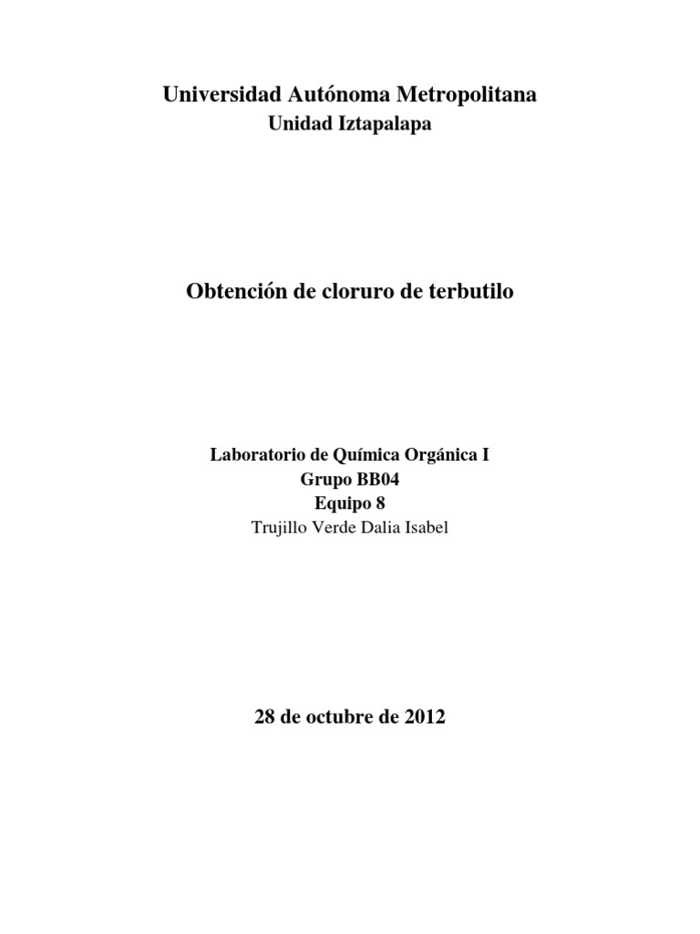 Obtención de Cloruro de Terbutilo | PDF | Ácido clorhídrico | Alcohol