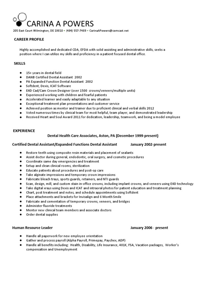 Carina Powers: EFDA & CDA Resume | PDF | Dentistry | Mouth