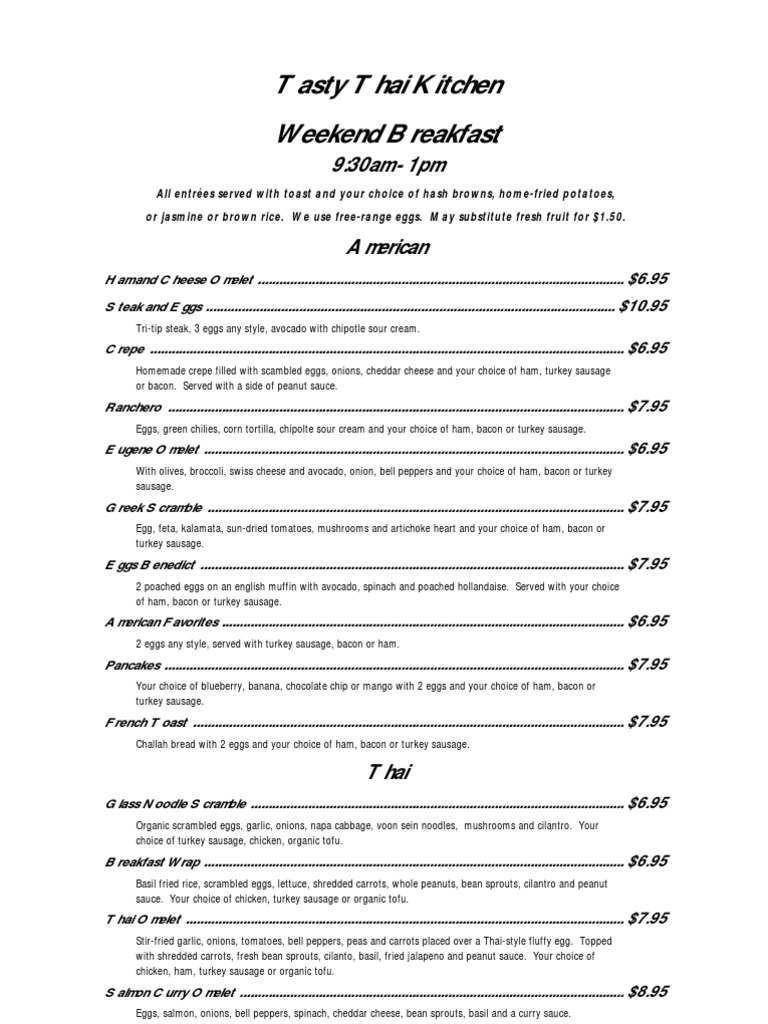 Tasty Thai Kitchen Breakfast Menu | PDF | Thai Cuisine | Asian Cuisine
