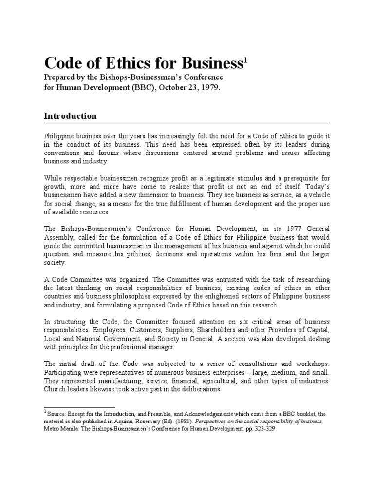 BBC-HD Code of Ethics for Business Document | Employment | Policy