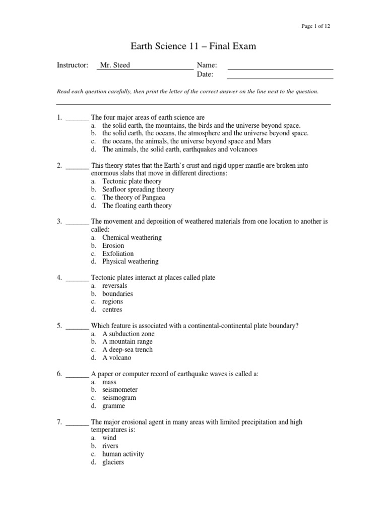 Grade 11 Earth Science Final Exam | PDF | Plate Tectonics | Earth Sciences