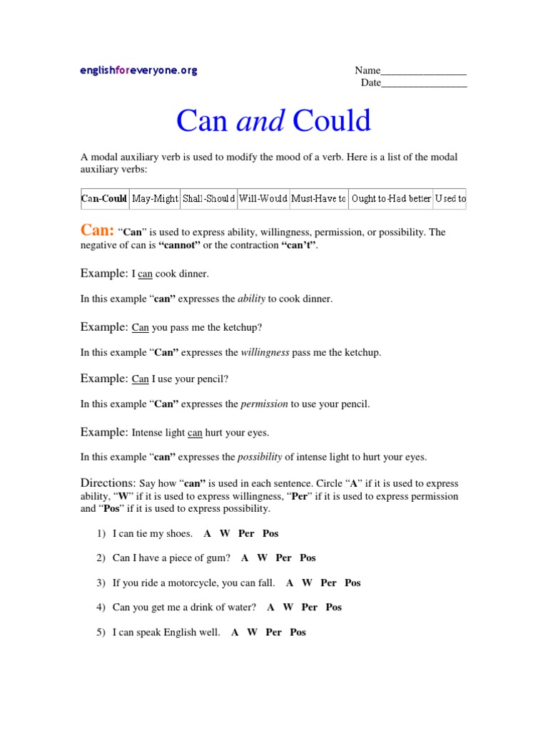 Modal Auxiliary Verbs - Can and Could | PDF | Rules | Verb