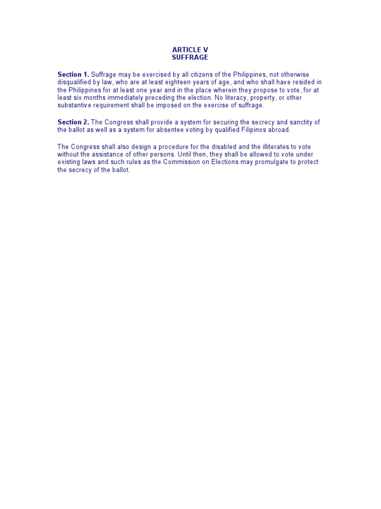 Article V Suffrage Section 1. Suffrage May Be Exercised by All Citizens ...