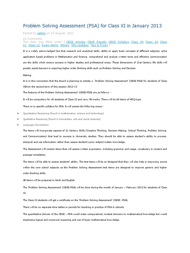 Problem Solving Assessment Pdf Educational Assessment Test Assessment