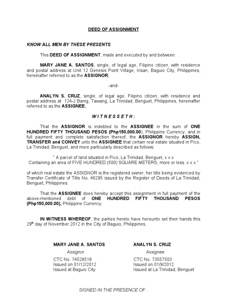 Deed of Assignment Transferring Property Ownership to Settle a Debt ...