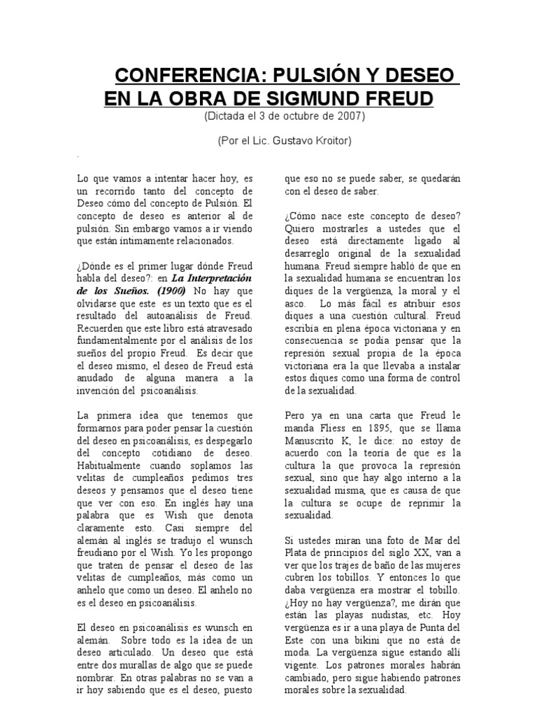 Conferencia Pulsion y Deseo Completa | PDF | Psicoanálisis | Sigmund Freud