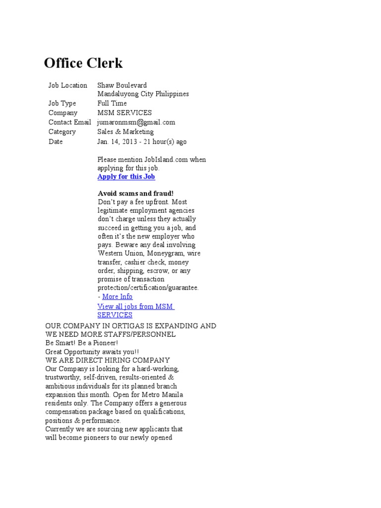 Office Clerk: Apply For This Job | PDF