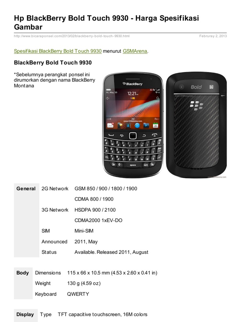 HP BlackBerry Bold Touch 9930 Harga Spesifikasi Gambar | PDF