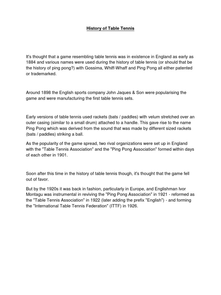 History of Table Tennis | PDF | Table Tennis | Athletic Sports