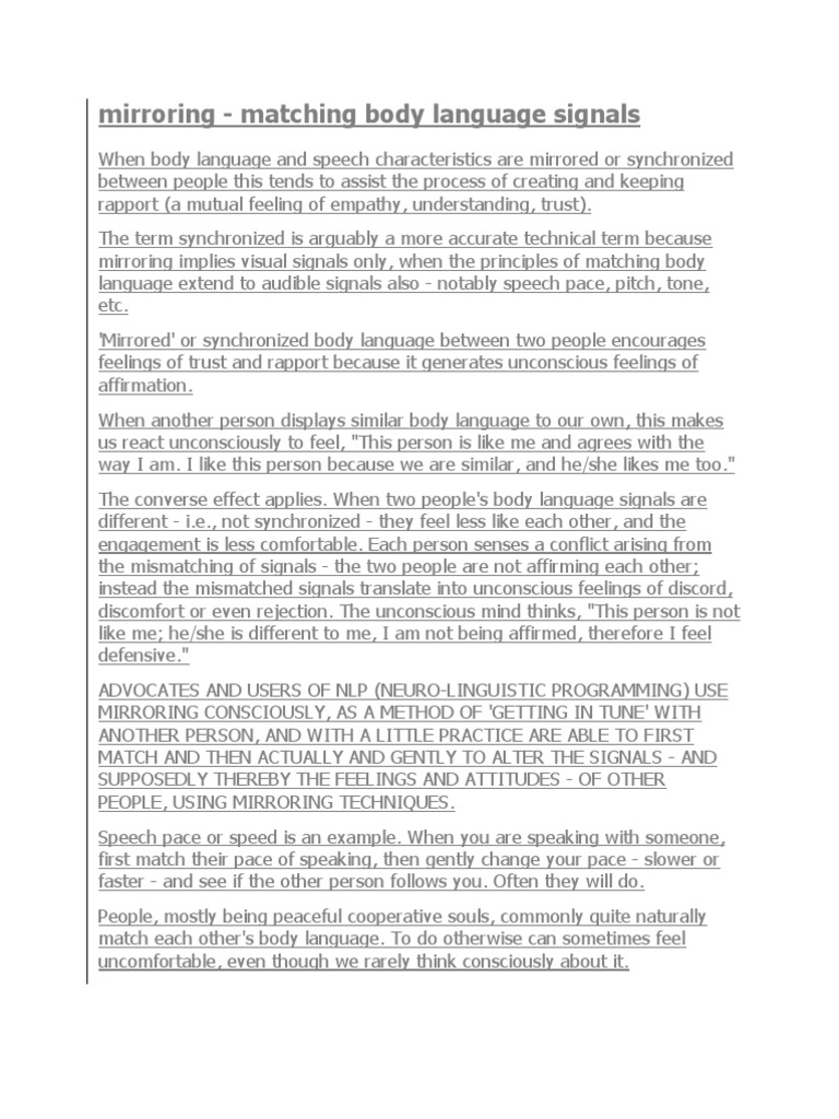 Mirroring - Matching Body Language Signals | PDF | Body Language ...
