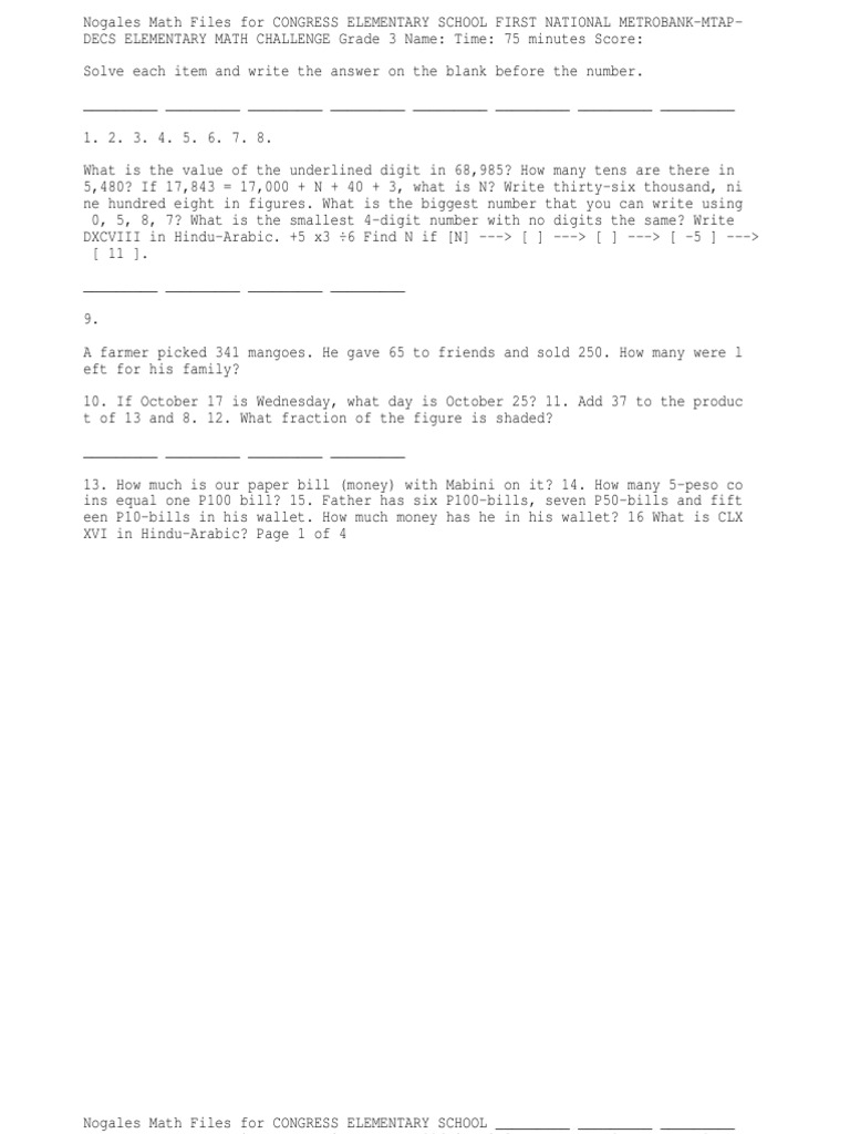 Grade 3 Mtap Test 1 First | PDF