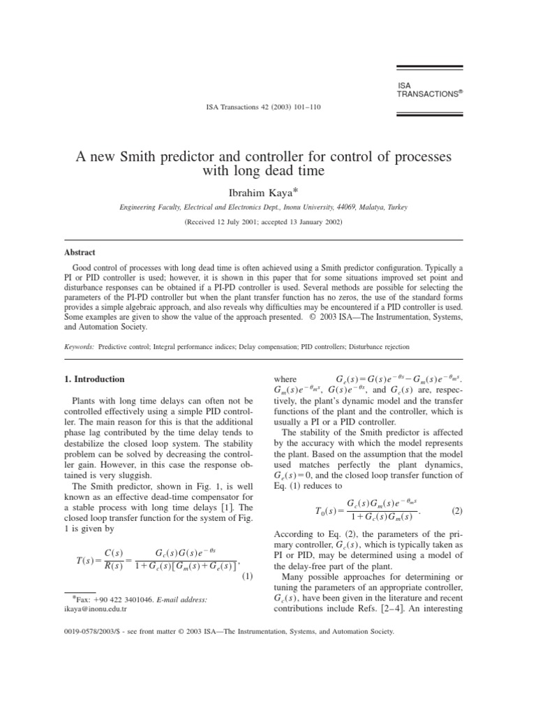 A New Smith Predictor And Controller For Control Of Processes Pdf
