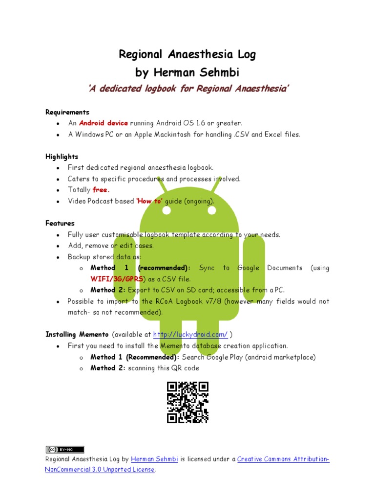 Regional Anaesthesia Log | PDF | Comma Separated Values | Android (Operating System)