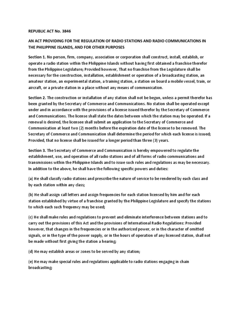 REPUBLIC ACT No 3846 | PDF