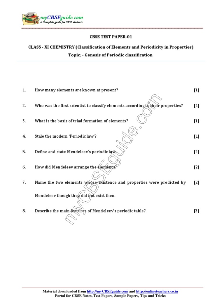 11th Chemistry Elements Classification Test 01 | PDF | Technology ...
