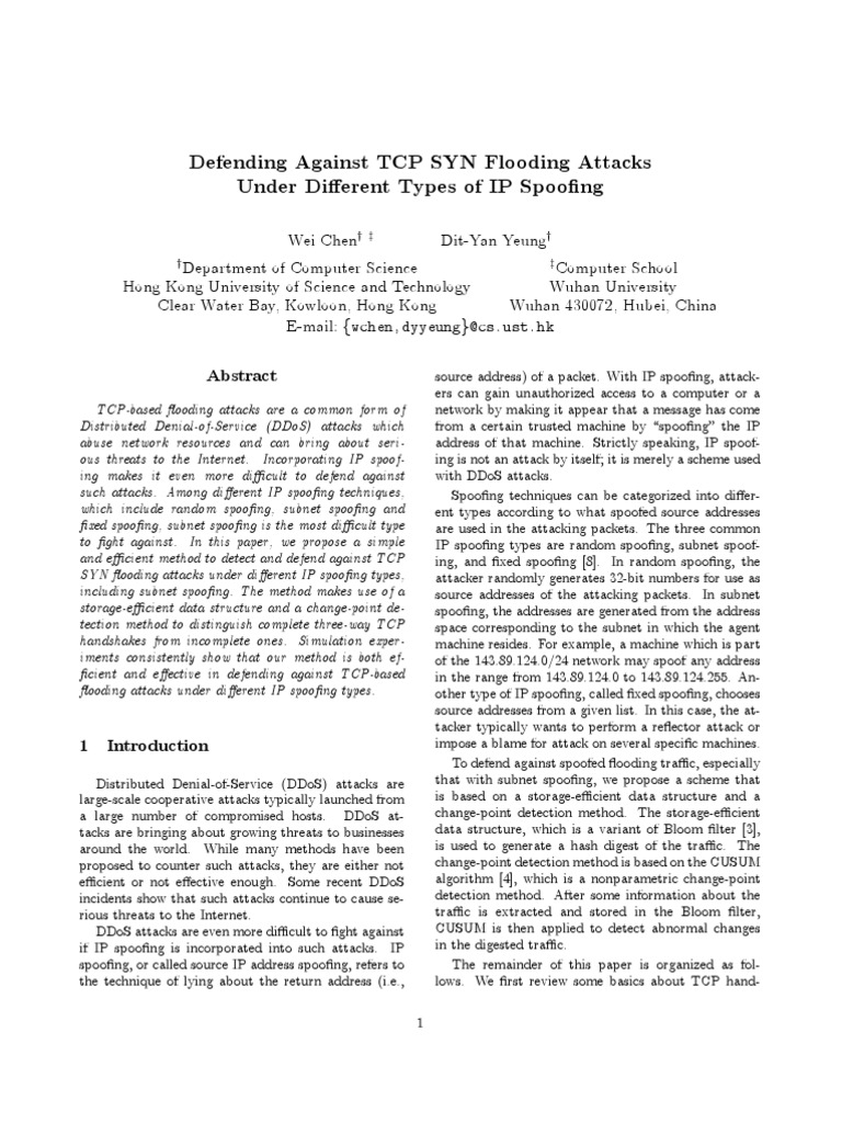 Defending Against TCP SYN Flooding Attacks Under Different Types of IP ...