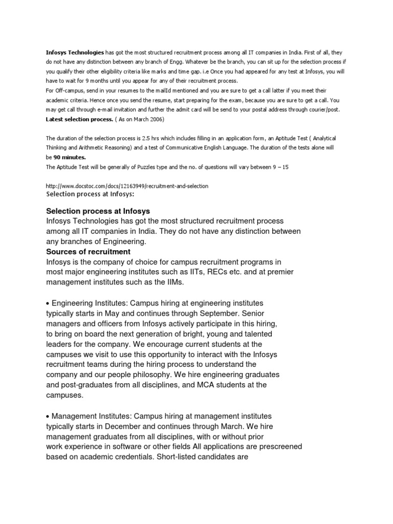 Selection Process at Infosys | PDF | Postgraduate Education | Test ...