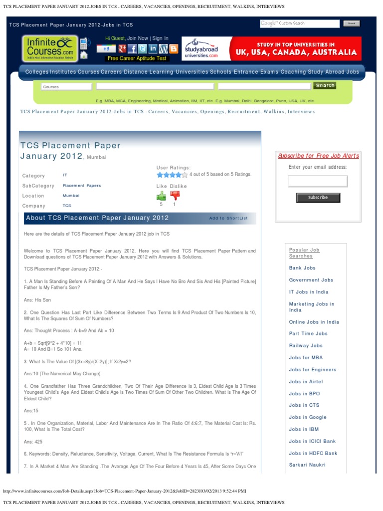 TCS Placement Paper January 2012, Mumbai PDF | PDF | Euro | Computing ...