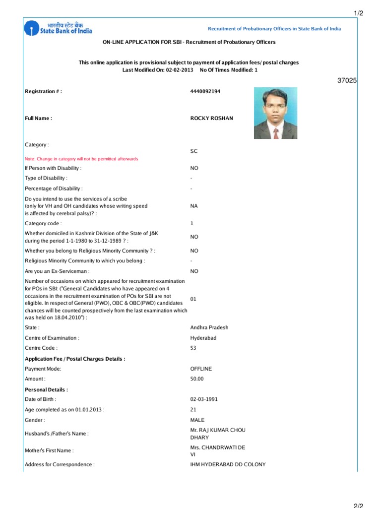 SBI Probationary Officer Application | PDF