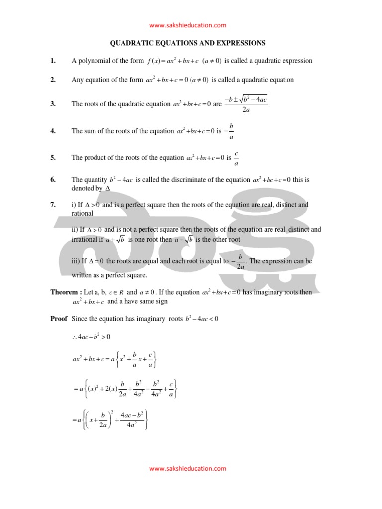 FX Ax BX C A: Quadratic Equations and Expressions 1 | PDF | Quadratic ...