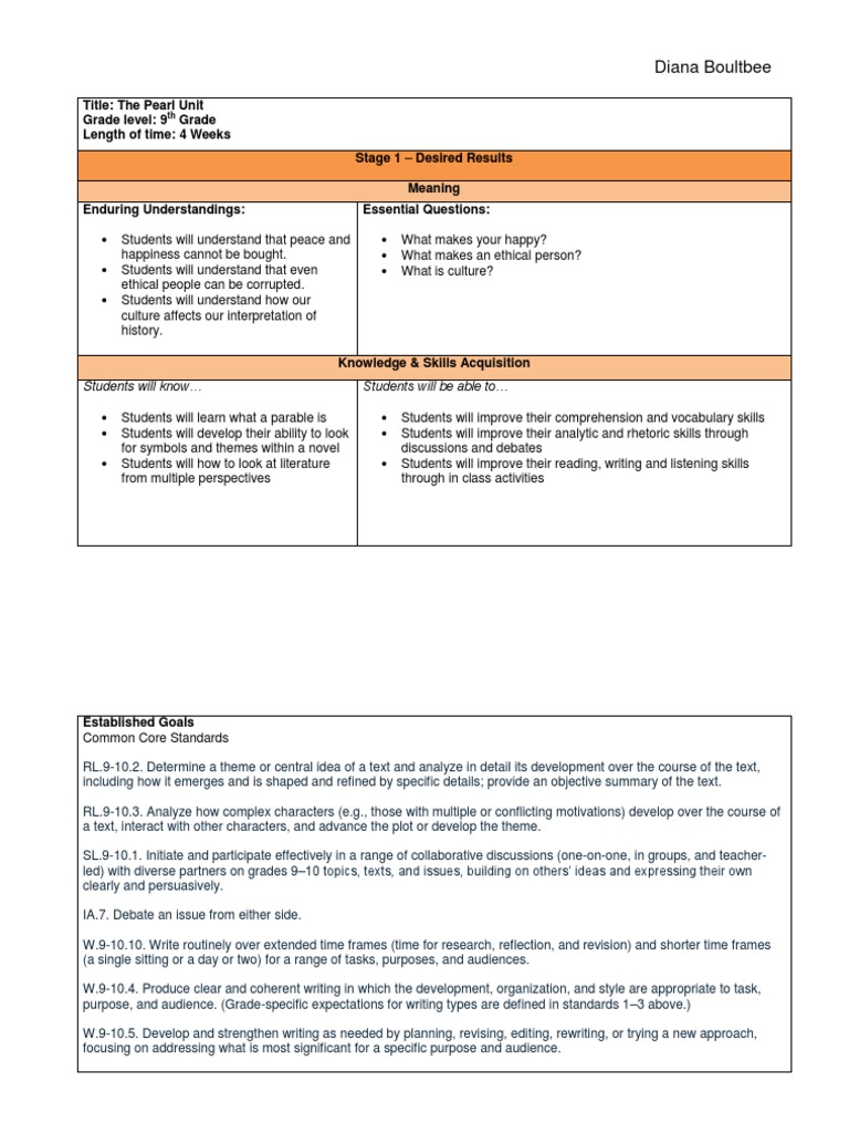 The Pearl Unit Plan | PDF | Reading Comprehension | Educational Assessment