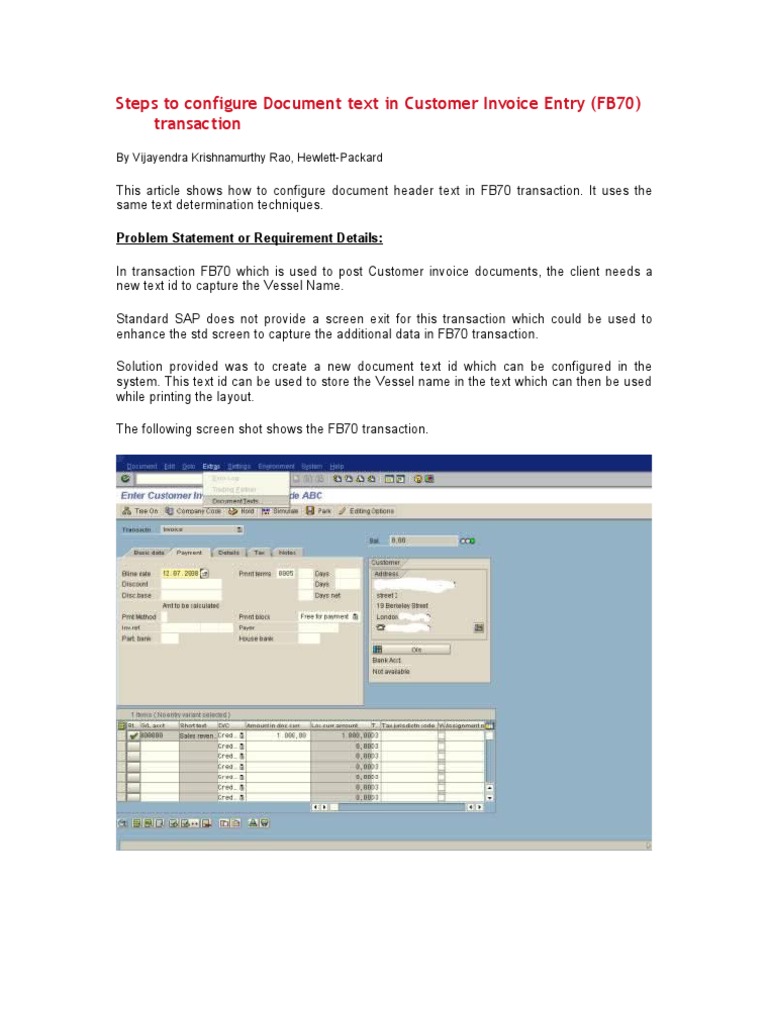 Steps To Configure Document Text in Customer Invoice Entry | PDF