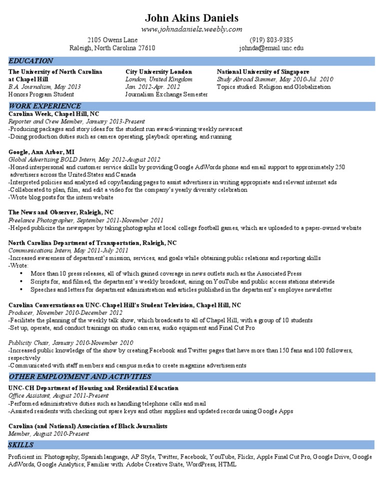 John Daniels Resume 2 PDF | PDF | University Of North Carolina At ...