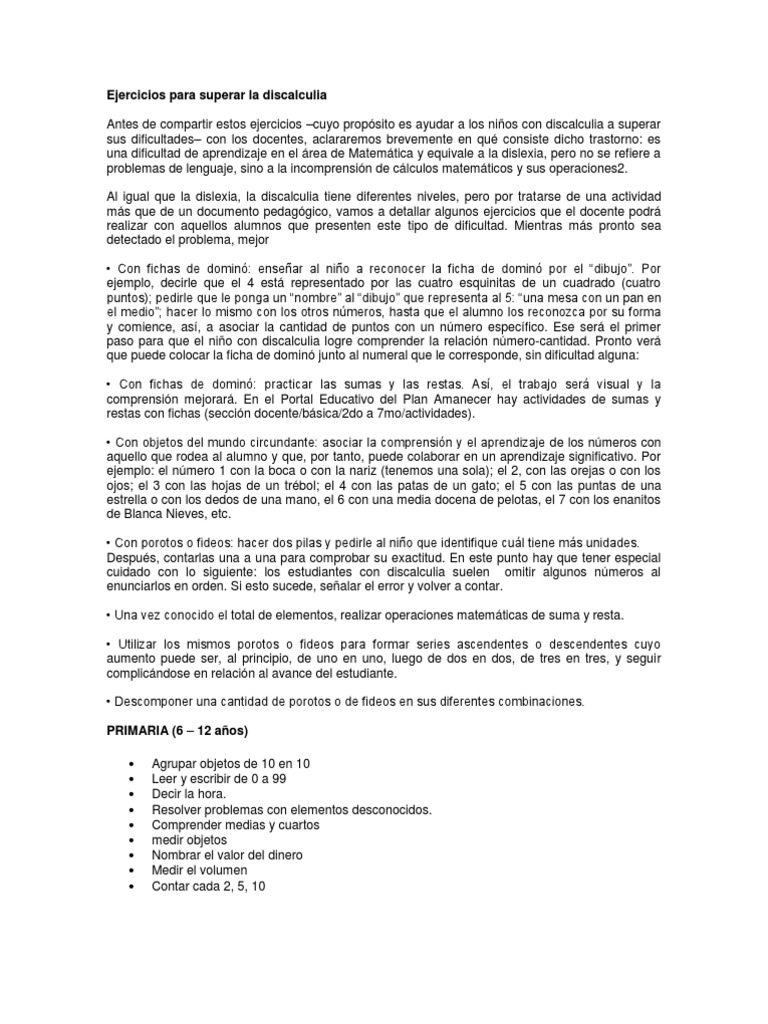 Ejercicios para Discalculia Infantil | PDF | Dislexia | Aprendizaje