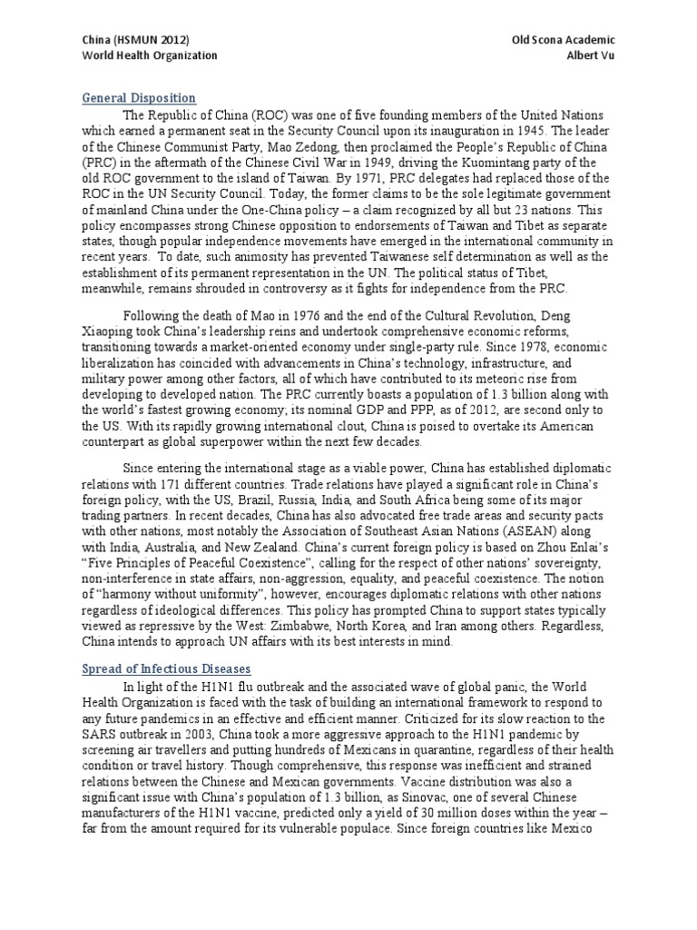 Sample Position Paper - China WHO 2012 | PDF | Taiwan | Influenza Pandemic