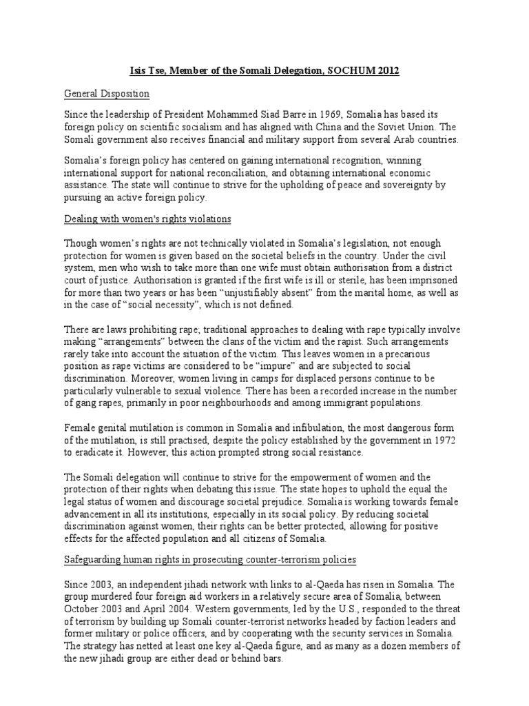 Sample Position Paper - Somalia SOCHUM 2012 | PDF | Counter Terrorism | Somalia